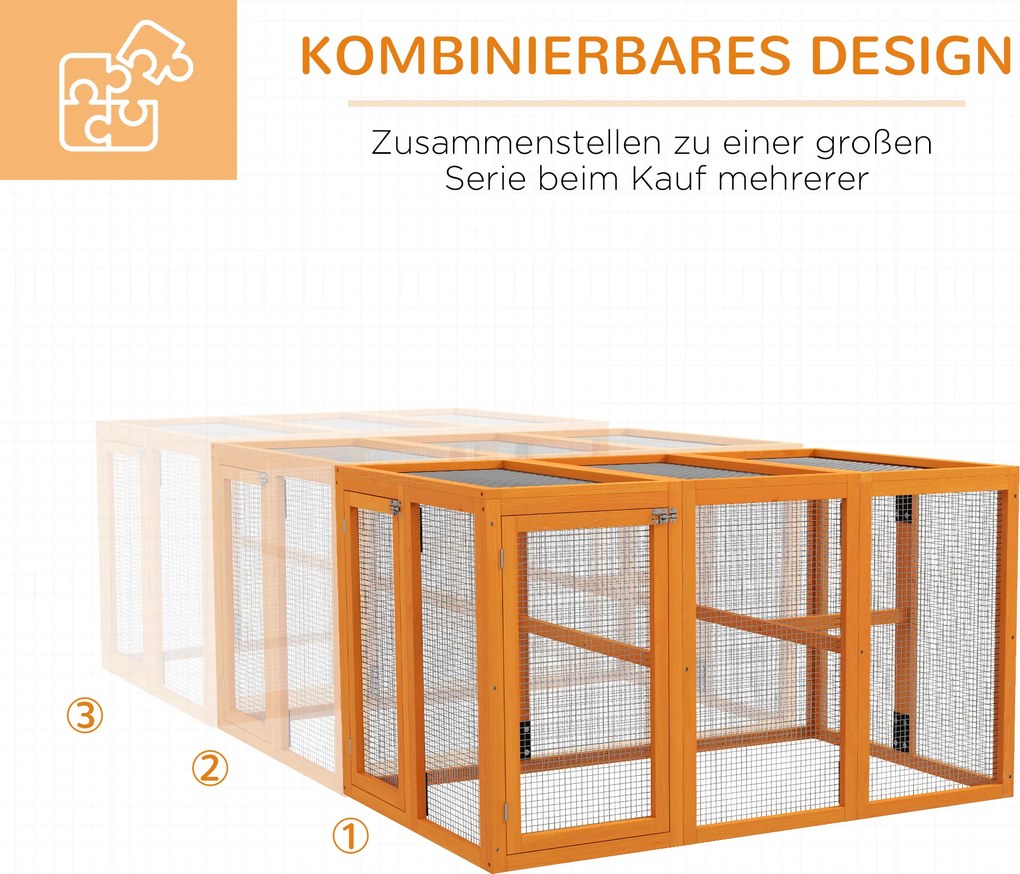 PawHut Kurník pro 1-3 slepice, dřevěný rám, ocelové dráty, rozšiřitelný design, dřevěné bidla, oranžová