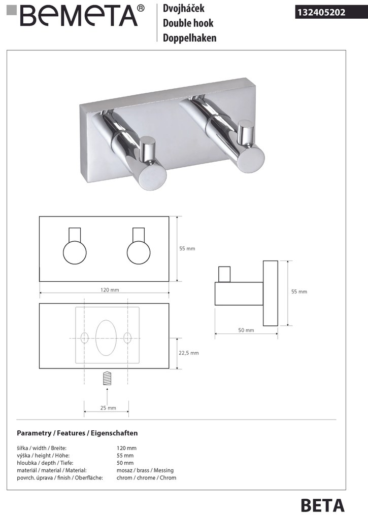 Bemeta Design BETA: Věšák, se 2 háčky - 132405202