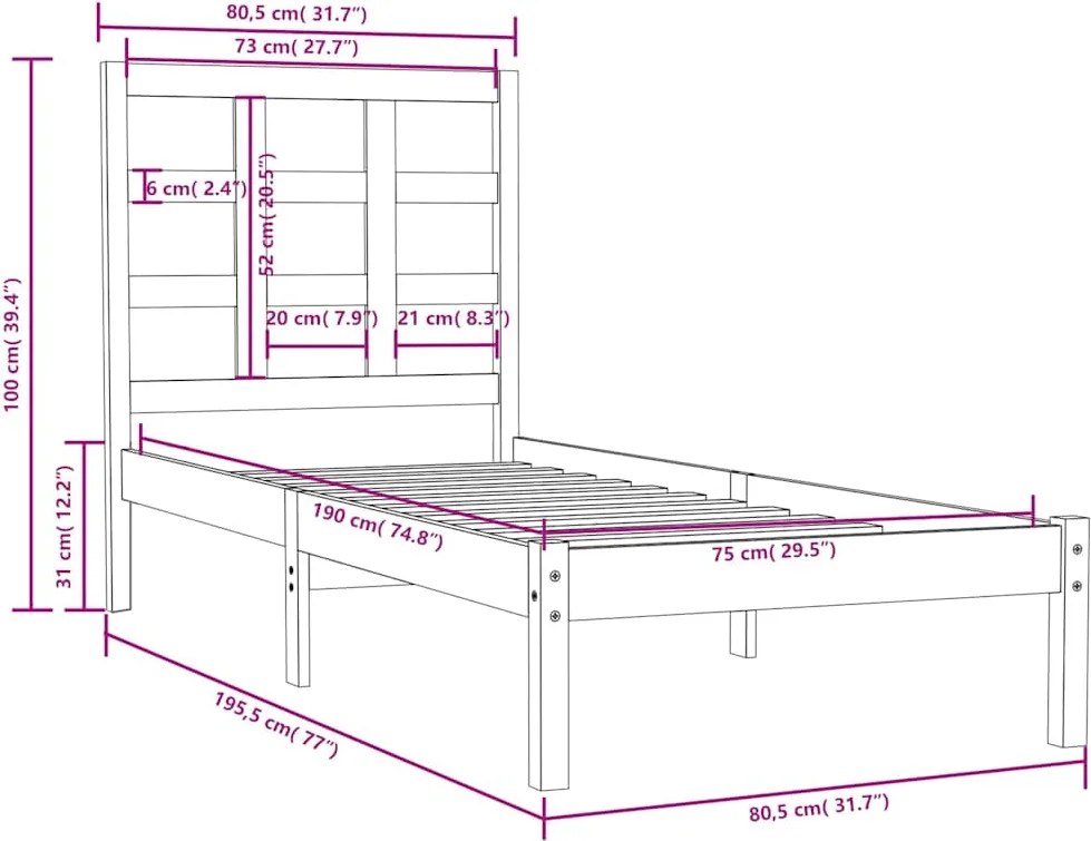 Rám postele bílý masivní dřevo 75 x 190 cm malé jednolůžko 3105431