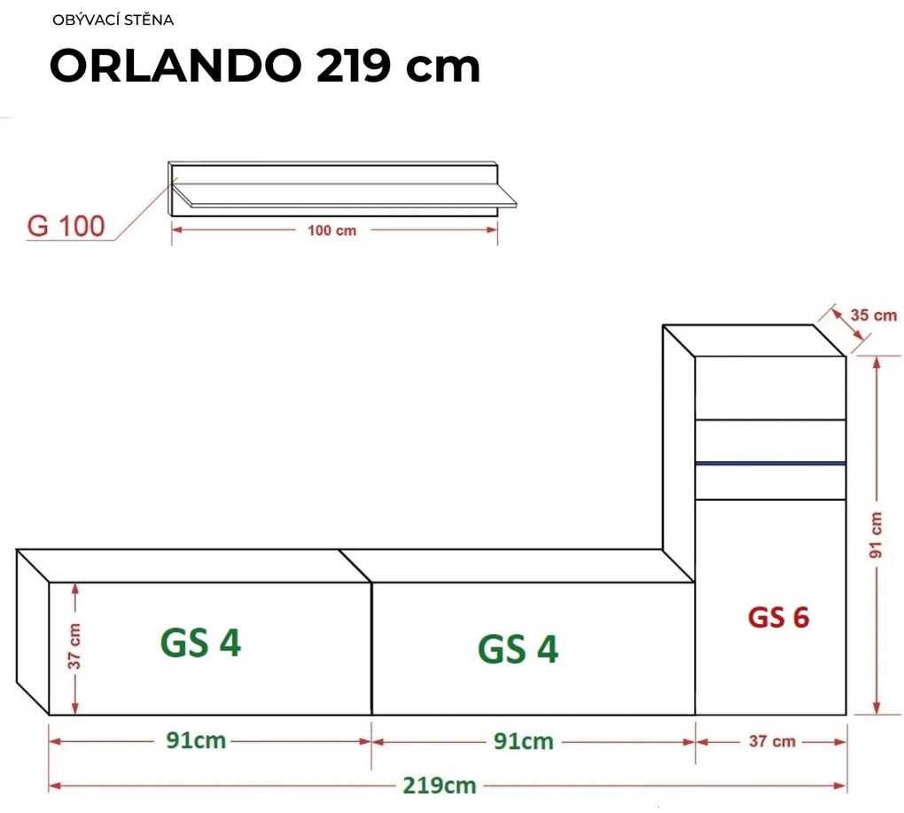 Ral Obývací stěna ORLANDO 2, 219 cm - Bílý lesk