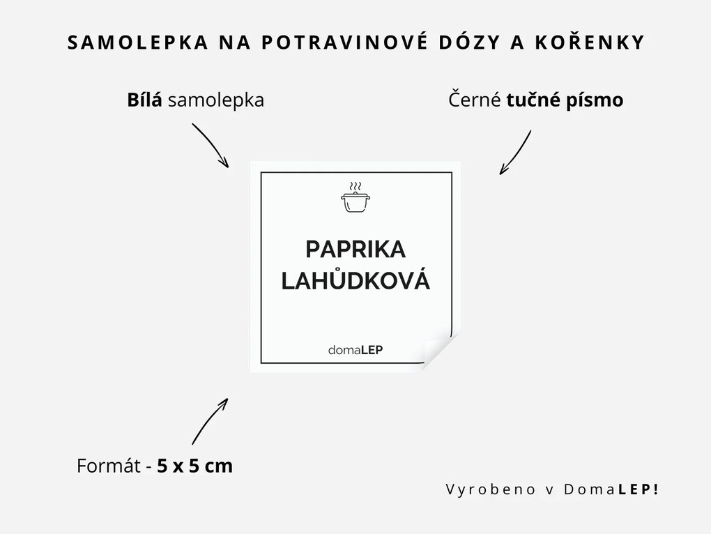PAPRIKA LAHŮDKOVÁ - omyvatelná samolepka na kořenky, výběr rozměrů Ø 5 cm / 5 x 5 cm / 6 x 8 cm | DomaLEP tvar: OBDÉLNÍK, barva: BÍLÁ - ČERNÉ písmo, velikost: š. 6 cm x v. 8 cm - tučné písmo