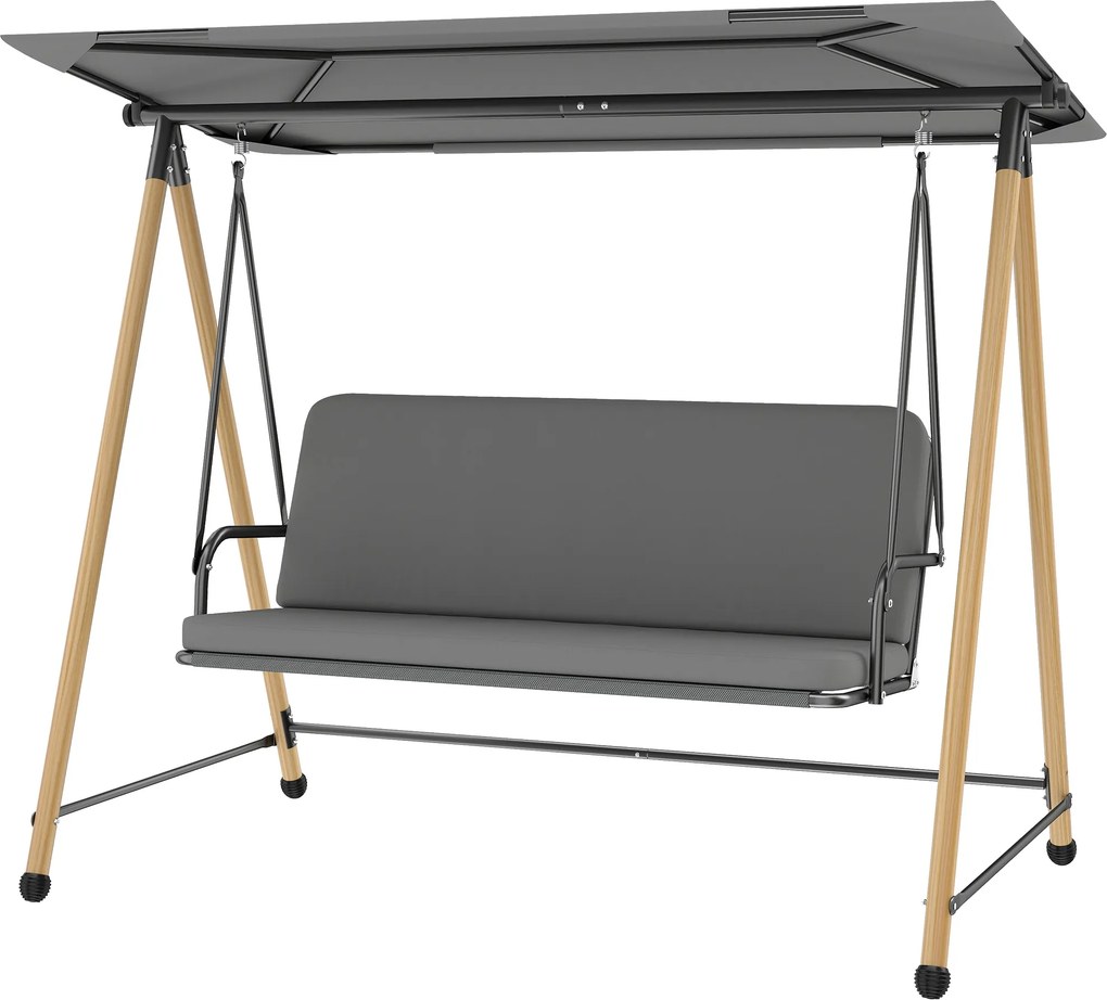 Outsunny zahradní houpačka pro 3 osoby, venkovní houpačka s nastavitelnou střechou a odnímatelným silným polštářem, 208x125x180 cm, šedá