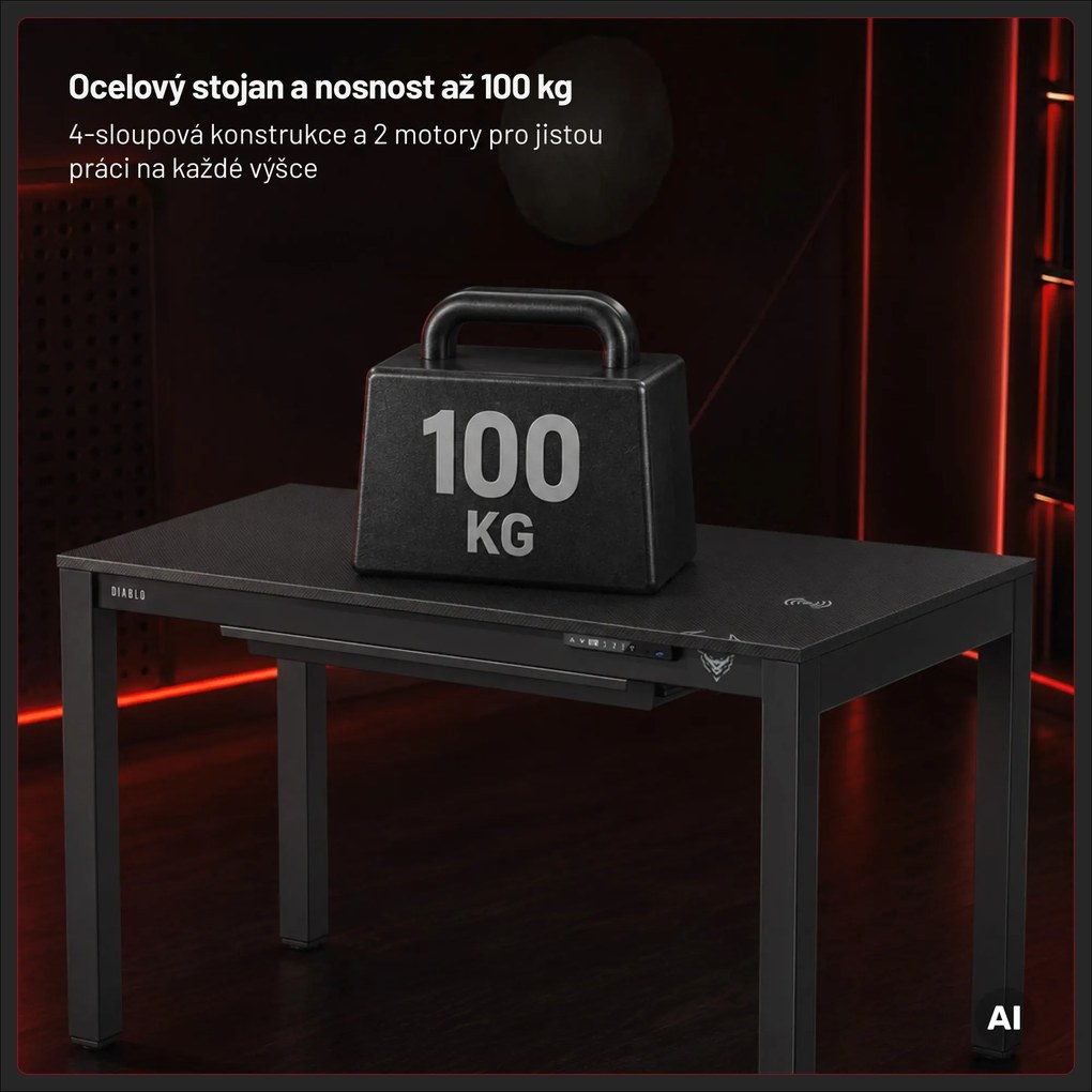 Herní stůl elektricky nastavitelný, vestavěná bezdrátová nabíječka QI a USB: Diablo X-RIFT černý