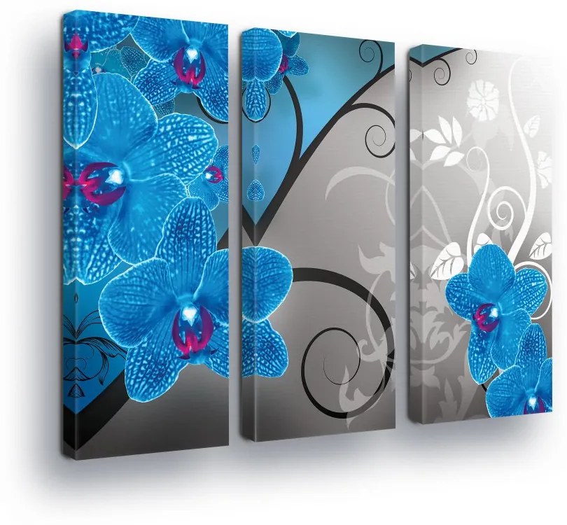 GLIX Obraz na plátně - Moderní Modro-květinová Dekorace 3 x 30x80 cm