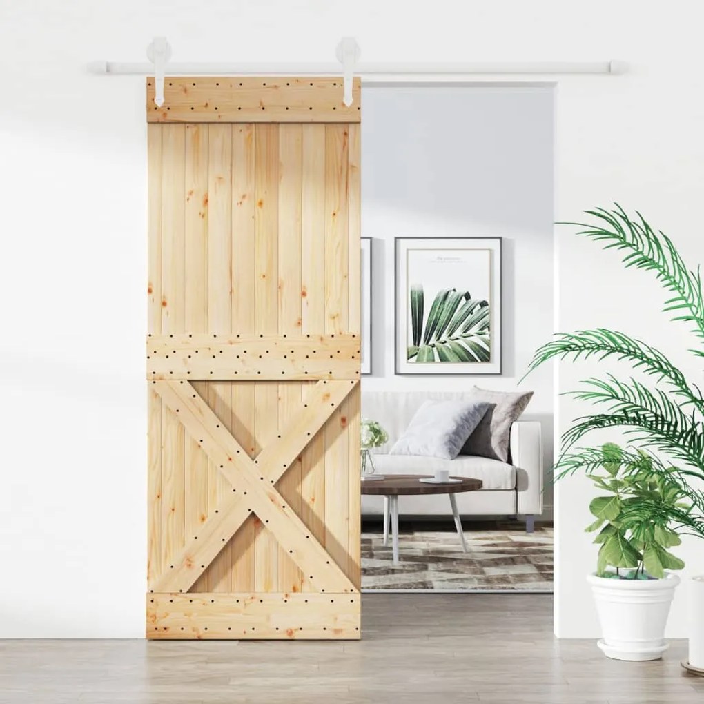 Posuvné Dveře S Kováním 80 X 210 Cm Masivní Borové Dřevo Černá