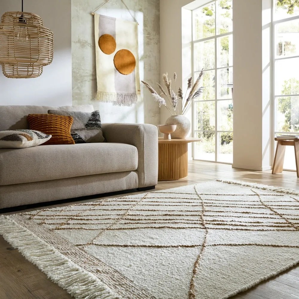 Krémový ručně tkaný koberec s příměsí vlny 120x170 cm Astera Linear – Flair Rugs