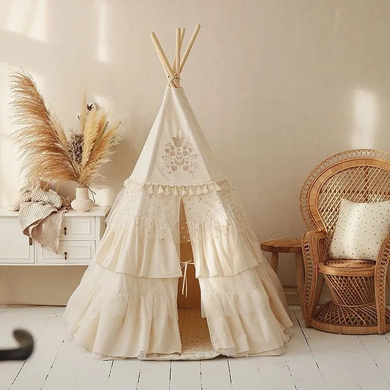 Boho stan teepee s volánky a výšivkou béžový
