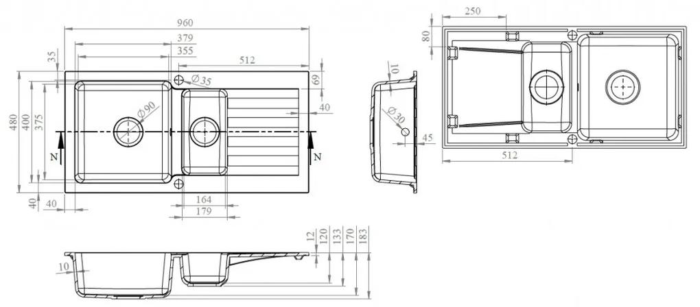 Vima 920- Granitový dřez, 1,5-sektoru, s odkapávací plochou, 960x480x183mm, Tmavá grafit matná