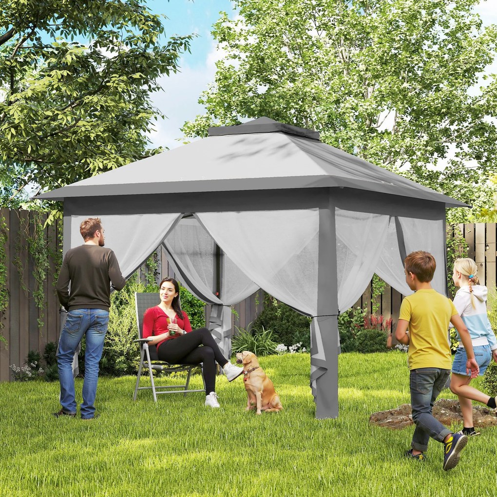 Outsunny skládací pavilon, zahradní pavilon, kov a plátno, síťové závěsy, odvodňovací otvory, 330D x 330Š x 288V cm, šedý 84C-300V01GY