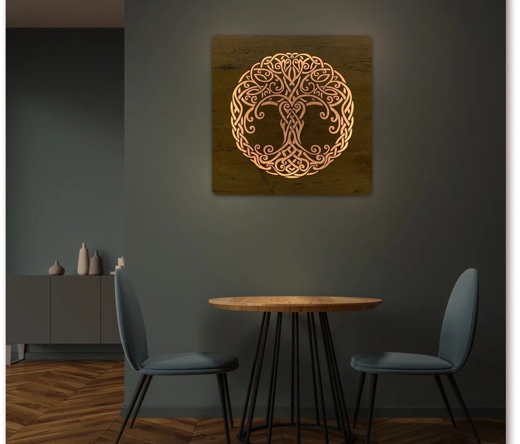 Li-Go "Keltský strom života" světelný obraz s baterií 62x62cm varianta ovládání: manuál/pohybové čidlo, provedení povrchu: dub