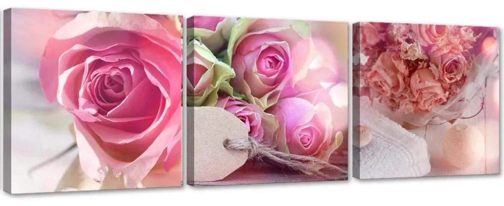 Obraz na plátně třídílný Růžové vintage růže - 90x30 cm