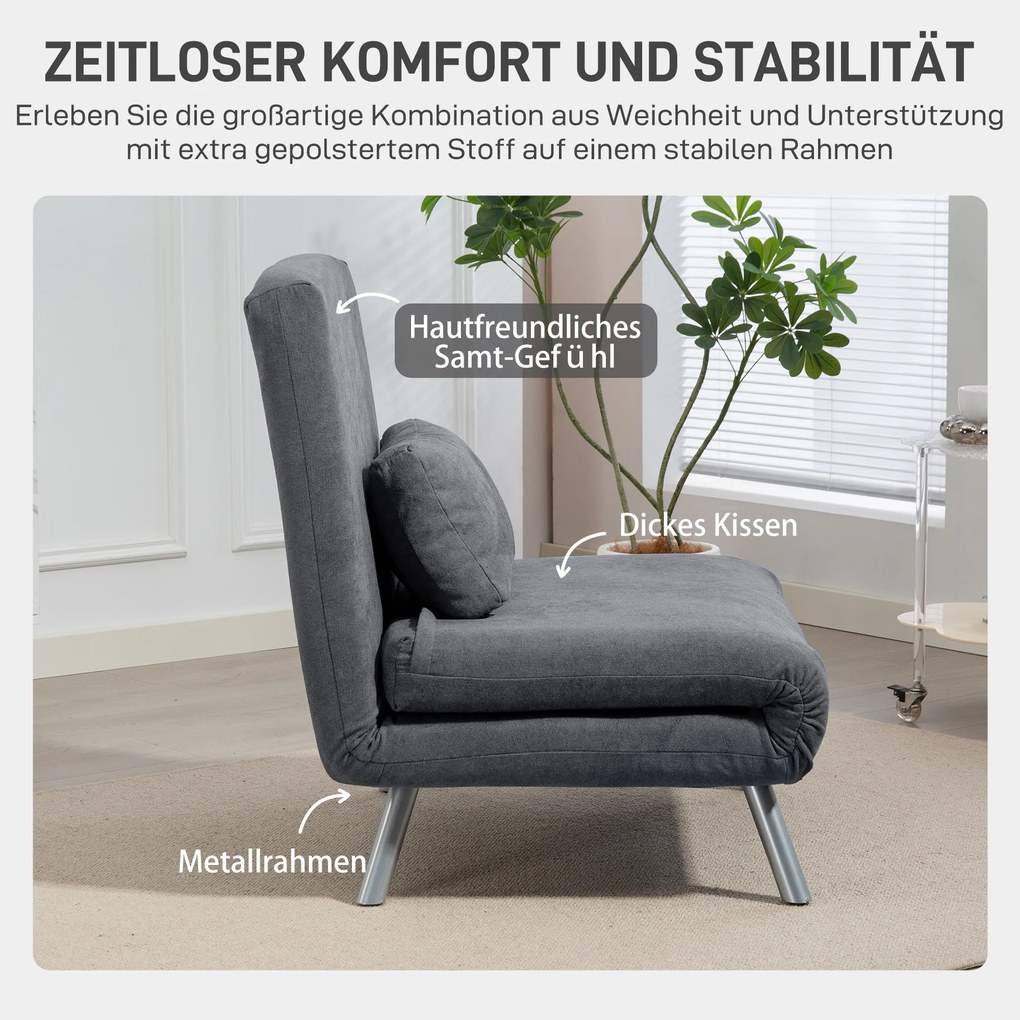 HOMCOM Čalouněné křeslo s funkcí postele, 3v1 design, sedací a spací křeslo, přistýlka pro hosty, látkový potah, s polštářem, tmavě šedá