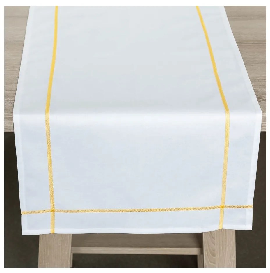 Veba běhoun garbo s ozdobným žlutým šitím - bílá 40x140 nešpinivá úprava