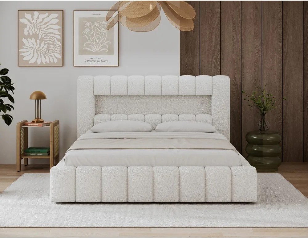 Krémová čalouněná dvoulůžková postel s úložným prostorem s roštem 180x200 cm Lamica – ELTAP