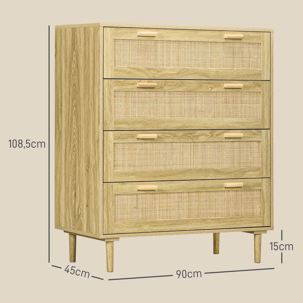 HOMCOM Komoda s 4 zásuvkami v boho stylu s ratanovým předním panelem, světle dřevěná, 90Š x 45H x 108,5V cm