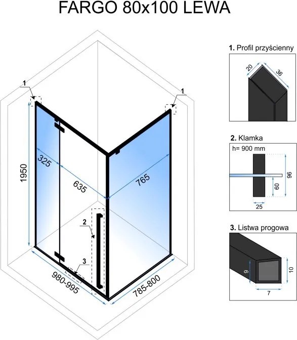Kabina sprchová Fargo 80x100 Black Mat - Profil: levý