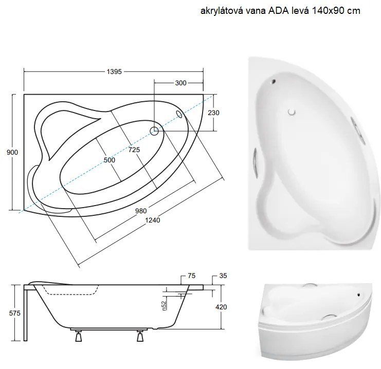 Besco Ada akrylátová vana 140x90 Orientace: Levá