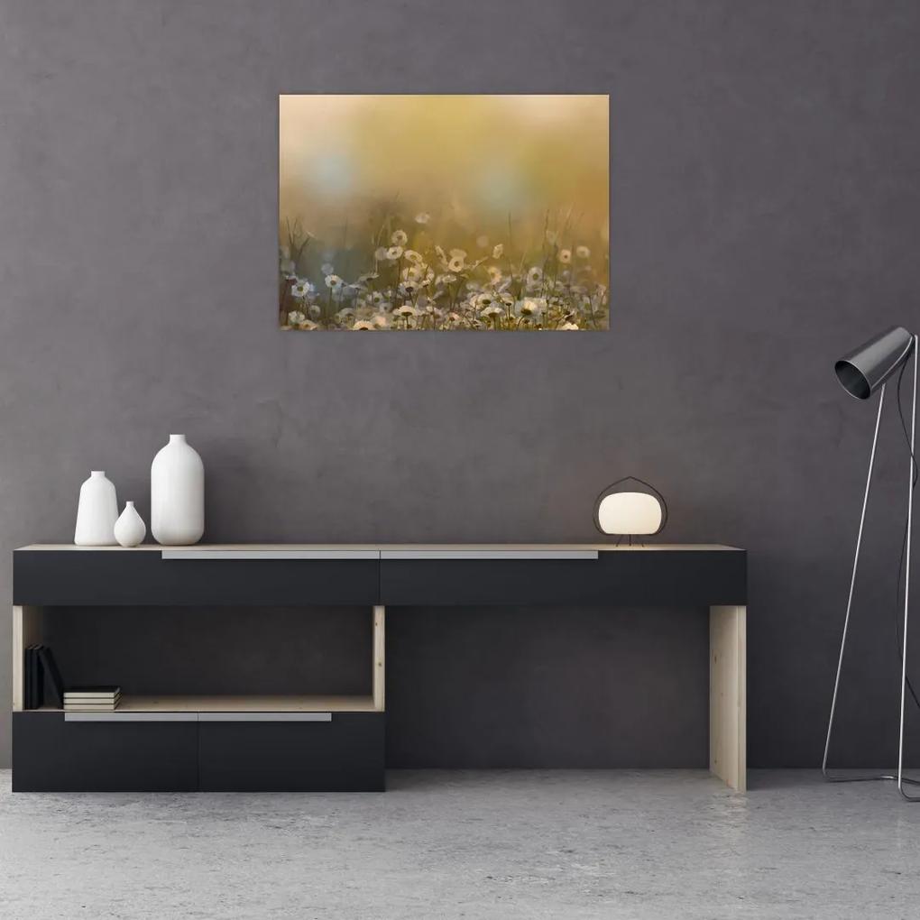 Skleněný obraz - Olejomalba sedmikrásek (70x50 cm)