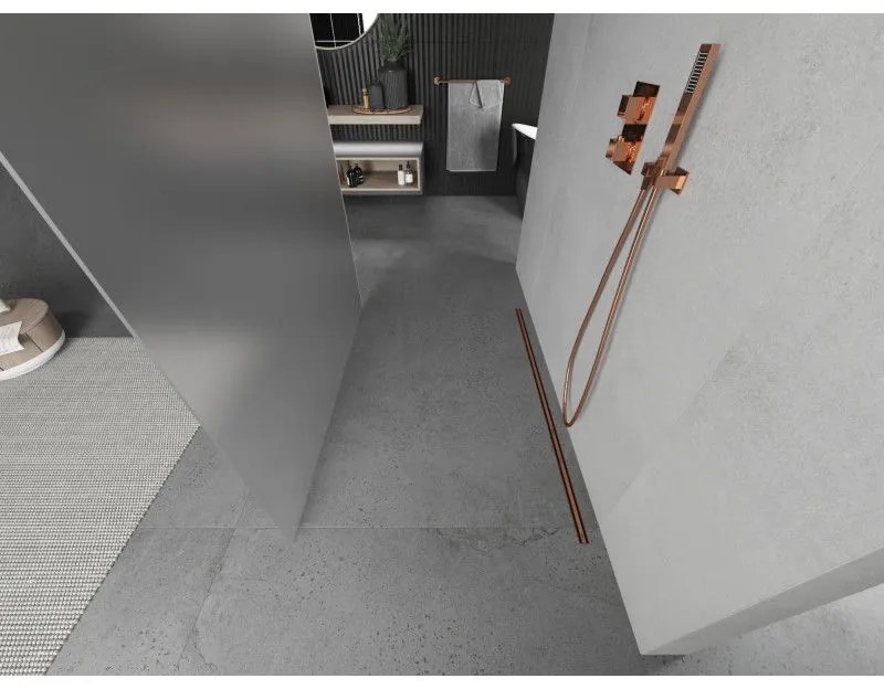 Mexen Kioto, průchozí sprchová zástěna 110 x 200 cm, 8mm sklo námraza, 2x růžové zlato stabilizační rozpěra, 800-110-002-60-30