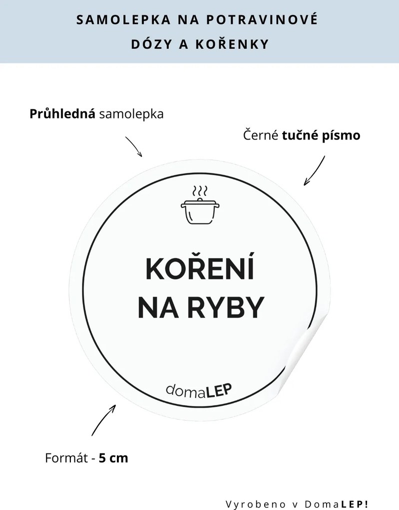 Samolepka na kořenky KOŘENÍ NA RYBY průhledná 5 cm tučné písmo