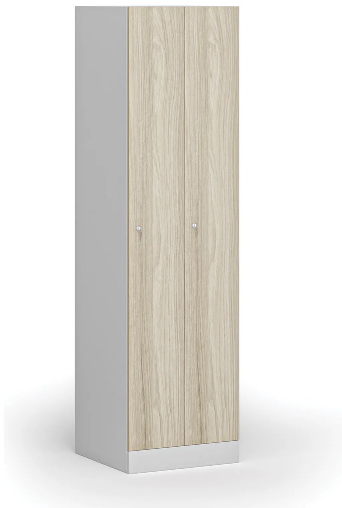 Zúžená kovová šatní skříňka S1, 2 oddíly, 1850 x 500 x 500 mm, demont, cylindrický zámek, laminované dveře, dub přírodní