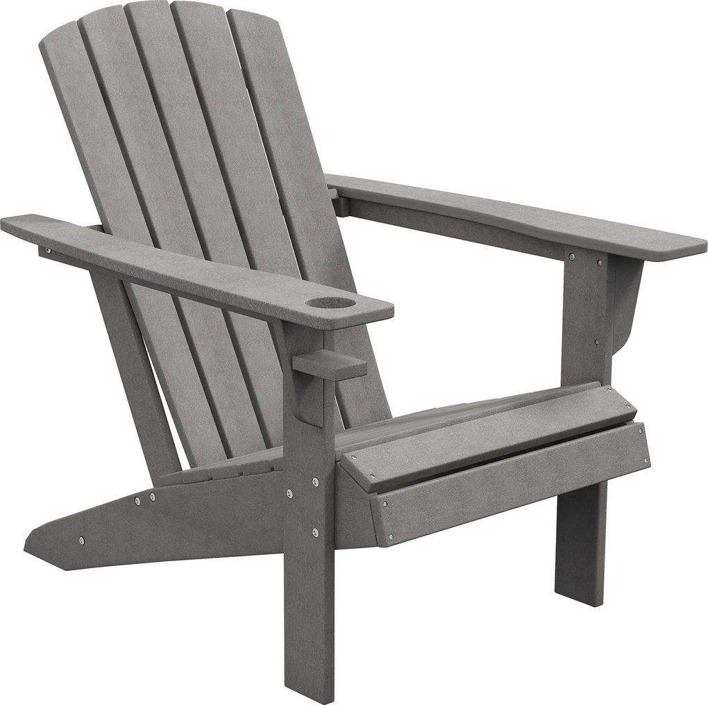 Zahradní křeslo Outsunny s držákem na hrnek, patio křeslo, venkovní křeslo, zahradní nábytek, balkonové křeslo, Adirondack, šedé, HDPE, 75 x 87 x 90 c