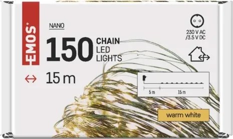 Vánoční osvětlení EMOS D3AW05 ZY1917T 150LED nano řetěz zelený 15m teplá bílá s časovačem