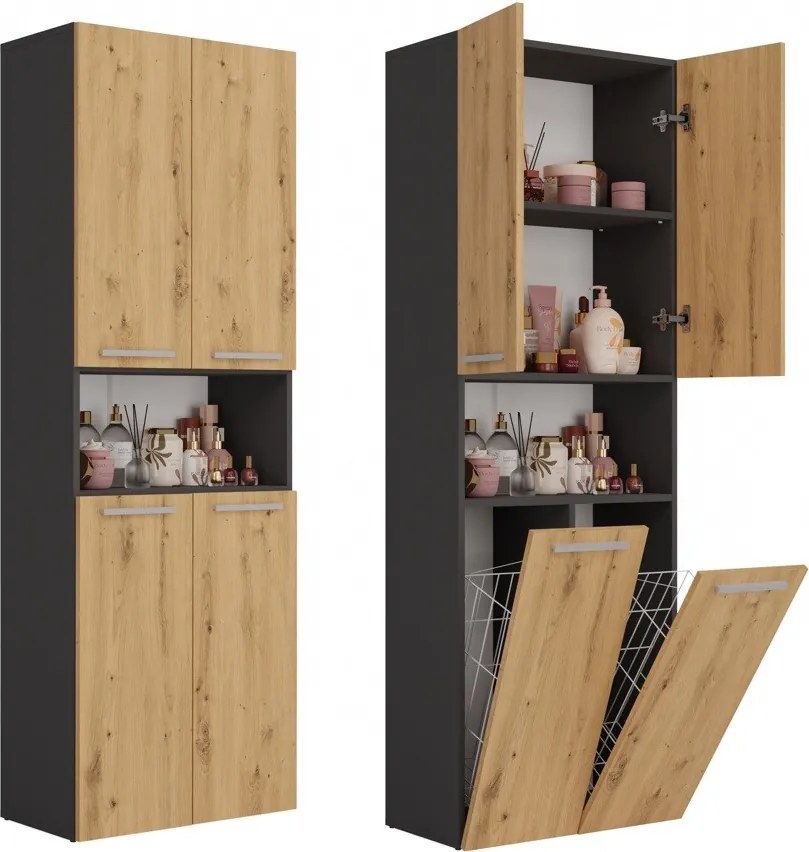 Koupelnový sloupek se 2 koši na prádlo NEL 2K DK antracit/dub artisan
