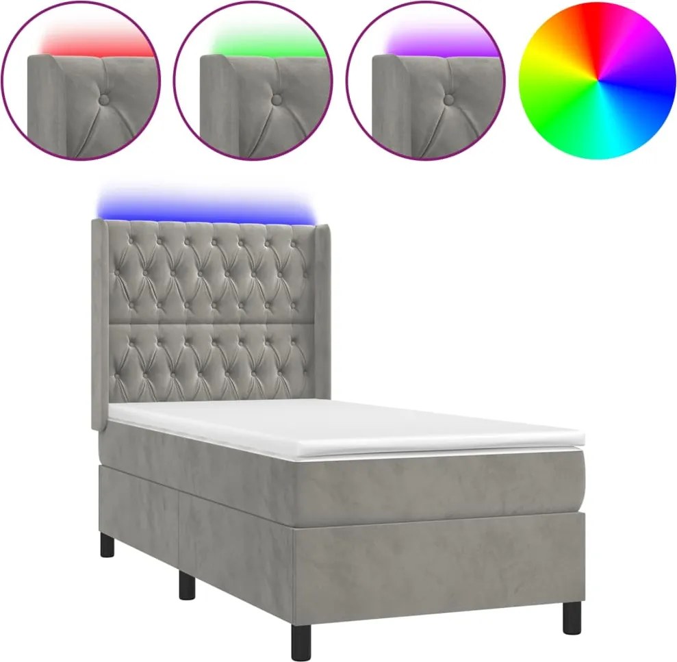 Box spring postel s matrací a LED světle šedá 80 x 200 cm samet 3139709