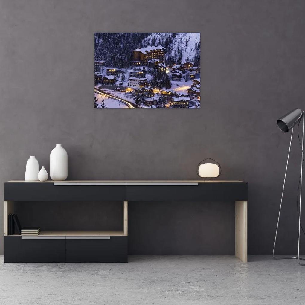 Skleněný obraz - horské zimní městečko (70x50 cm)