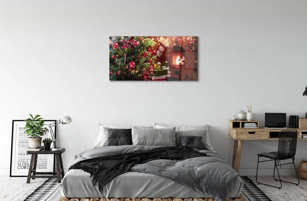 Obraz na skle Ozdoby vánoční strom dárky 140x70 cm