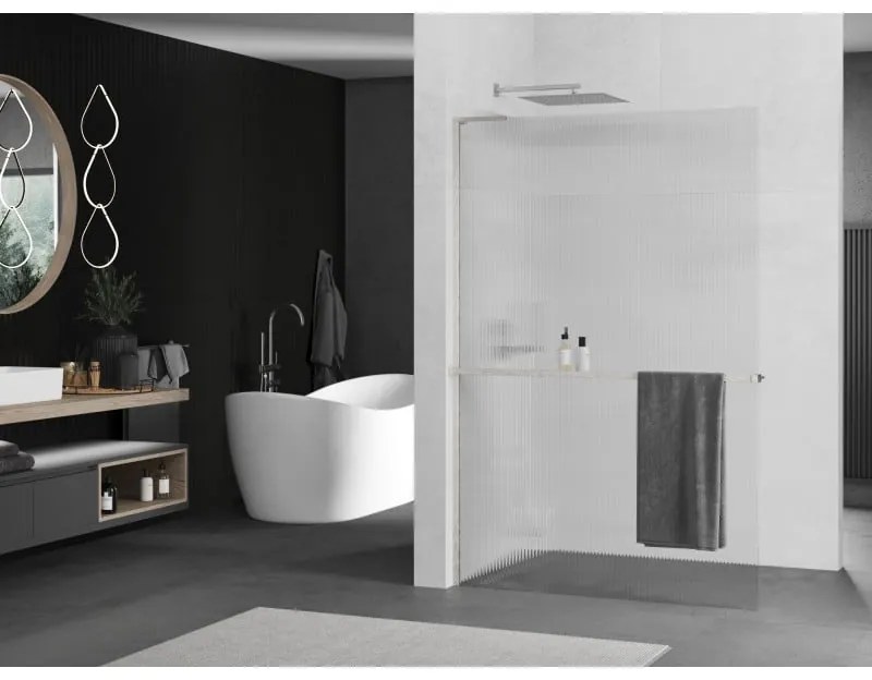 Mexen Kioto+ L, sprchová zástěna Walk-In s poličkou a věšákem 90 x 200 cm, 8mm sklo s žebrovým vzorem, broušená ocel profil, 800-090-123-97-09