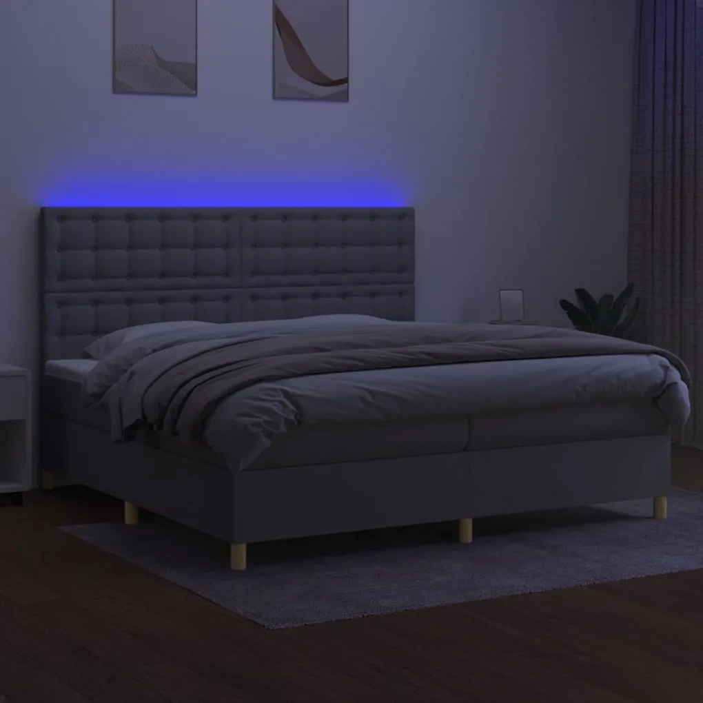 Box spring postel s matrací a LED světle šedá 200x200 cm textil 3135781
