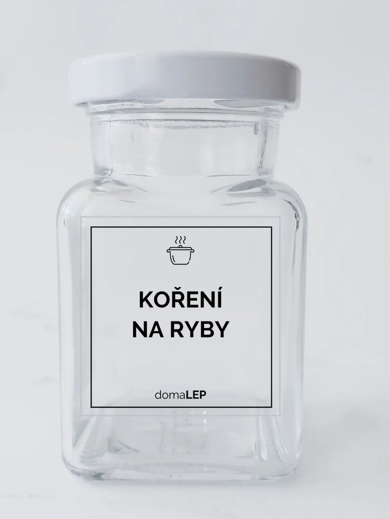 Samolepka na kořenky KOŘENÍ NA RYBY průhledná 5 × 5 cm tučné písmo