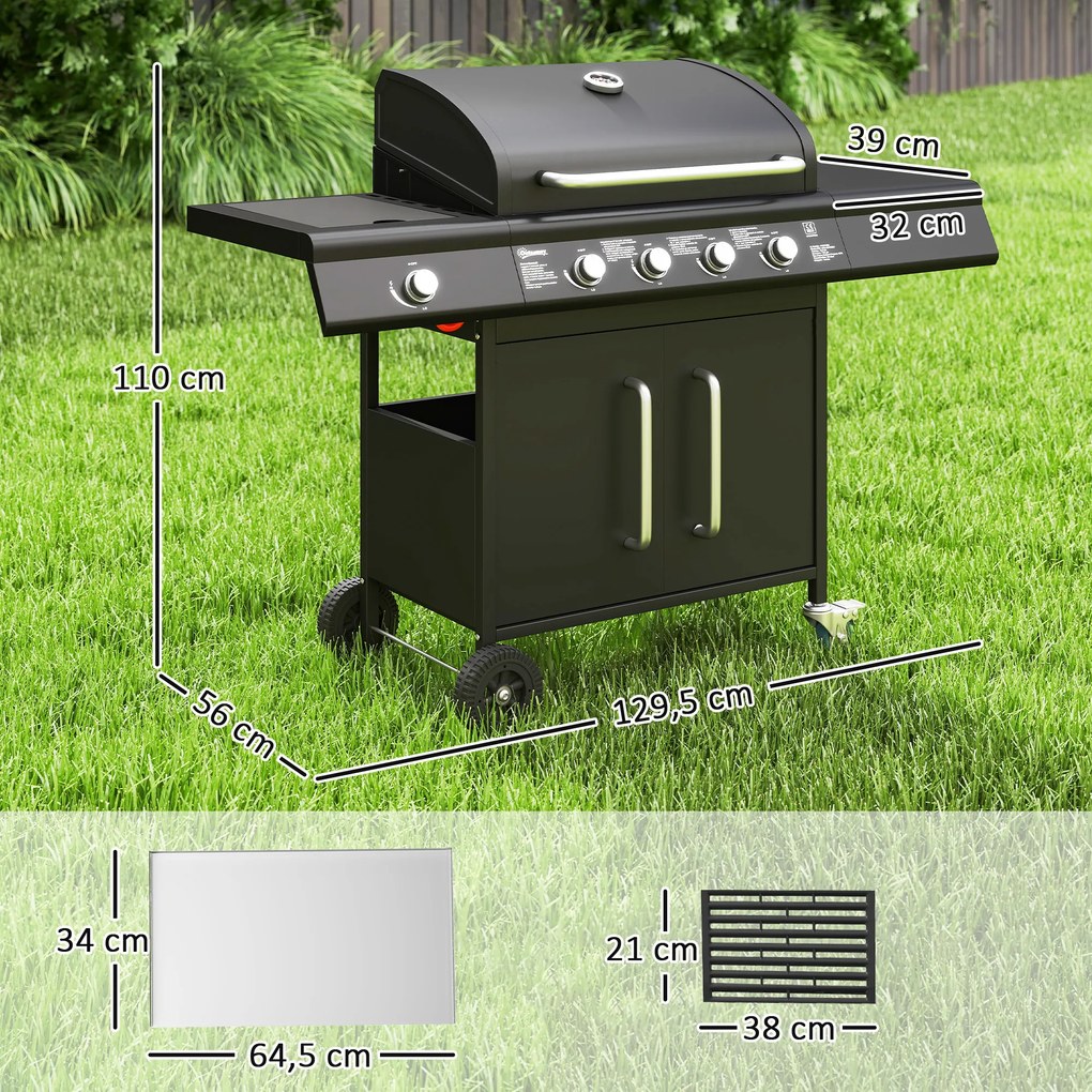 Outsunny Plynový gril 15,2 KW, grilovací vozík včetně 5 nerezových hořáků, kolečka, boční vařič, 129,5 x 56 x 110 cm, černá