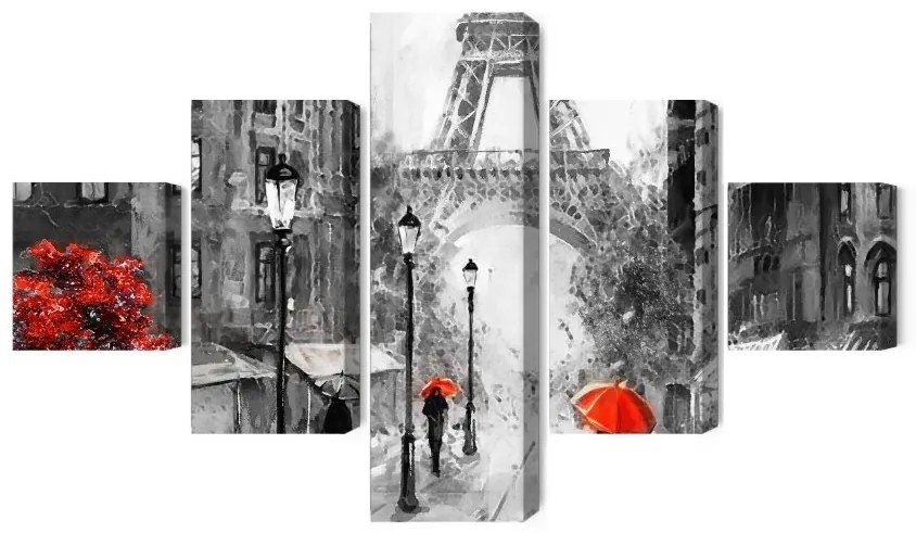 Vícedílný obraz Lidé S Červenými Deštníky Na Ulici V Paříži Nedostatek Nedostatek Přírodní plátno 250x150