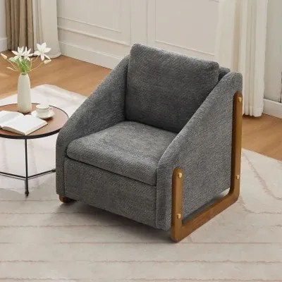 Aosom Moderní čalouněné křeslo do obývacího pokoje, lounge křeslo s dřevěnými područkami a polštářem na záda, látka chenille, 73,5x73,5x73,5 cm, šedá