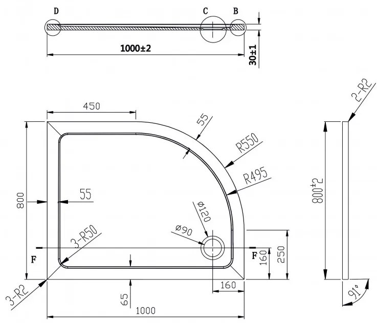 Olsen Spa Asymetrická čtvrtkruhová sprchová vanička VENETS Rozměr A - 100 cm, Rozměr B - 80 cm, Způsob provedení - Levá VANKASCTVR8010L