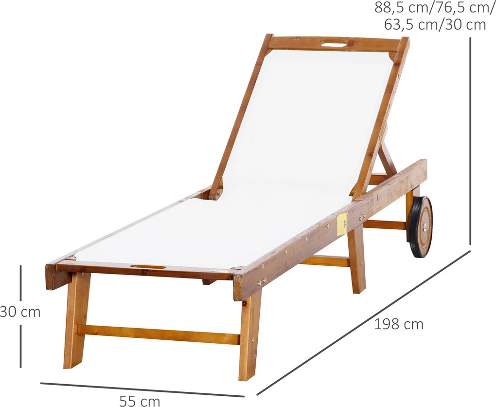 Outsunny Lehátko Relaxační lehátko Zahradní nábytek nastavitelný Akáciové dřevo Textil Přírodní+bílá 198 x 55 x 30-88,5 cm
