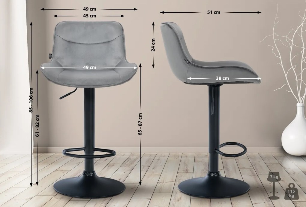 2x Barová židle Vonore - samet, černý rám - Šedá
