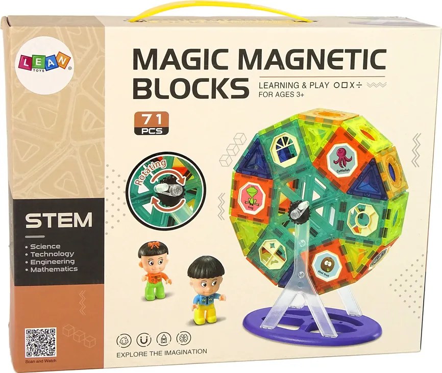 LEAN Toys Magnetické stavebnice 3D stavby – Ruské kolo a kolotoč, 71 dílů