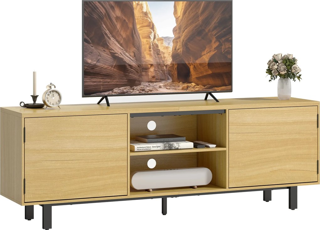 HOMCOM TV stolek 160 cm – pro TV do 165 cm (65 palců), 2 bezúchytková dvířka, 2 otevřené police, kovové nohy, přírodní dekor | Aosom
