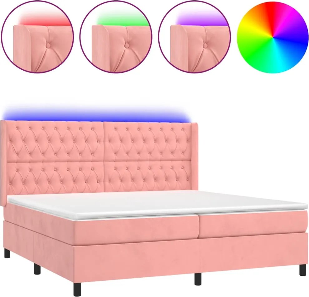 Box spring postel s matrací a LED růžová 180x200 cm samet 3139762