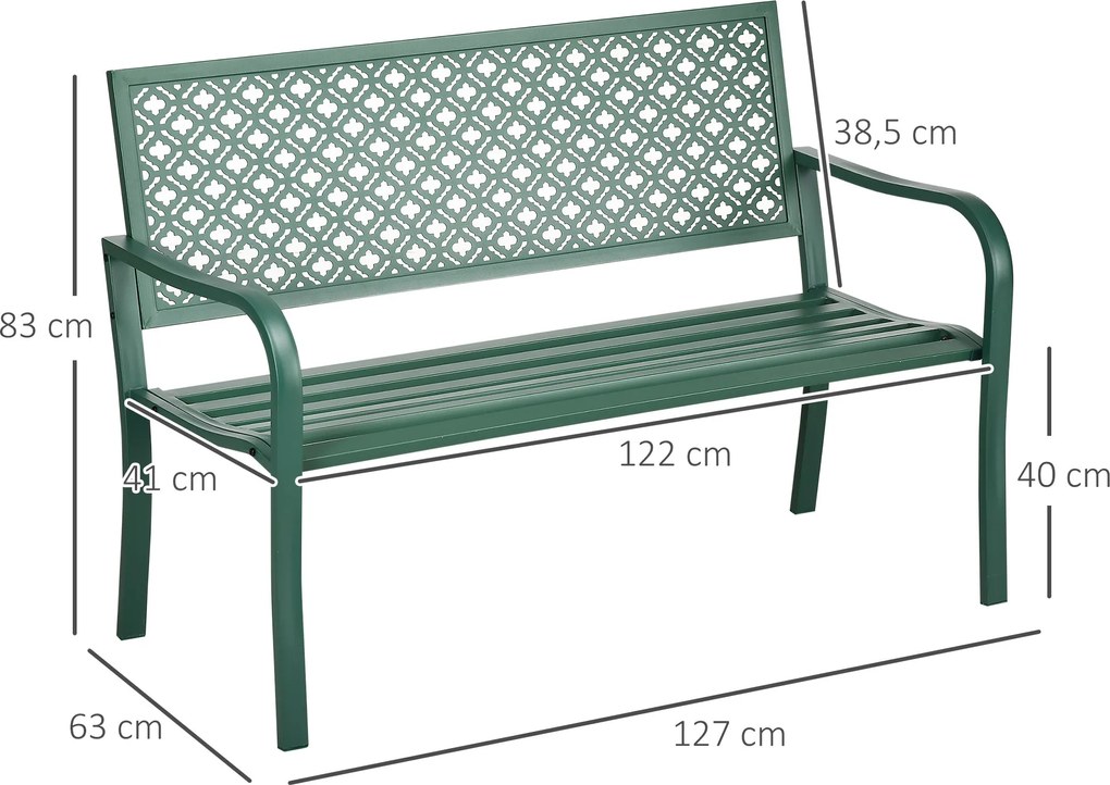 Zahradní lavice HOMCOM s nosností 280 kg, tmavě zelená, 127x63x83 cm, odolná proti povětrnostním vlivům a stabilní, ideální na terasu a zahradu |