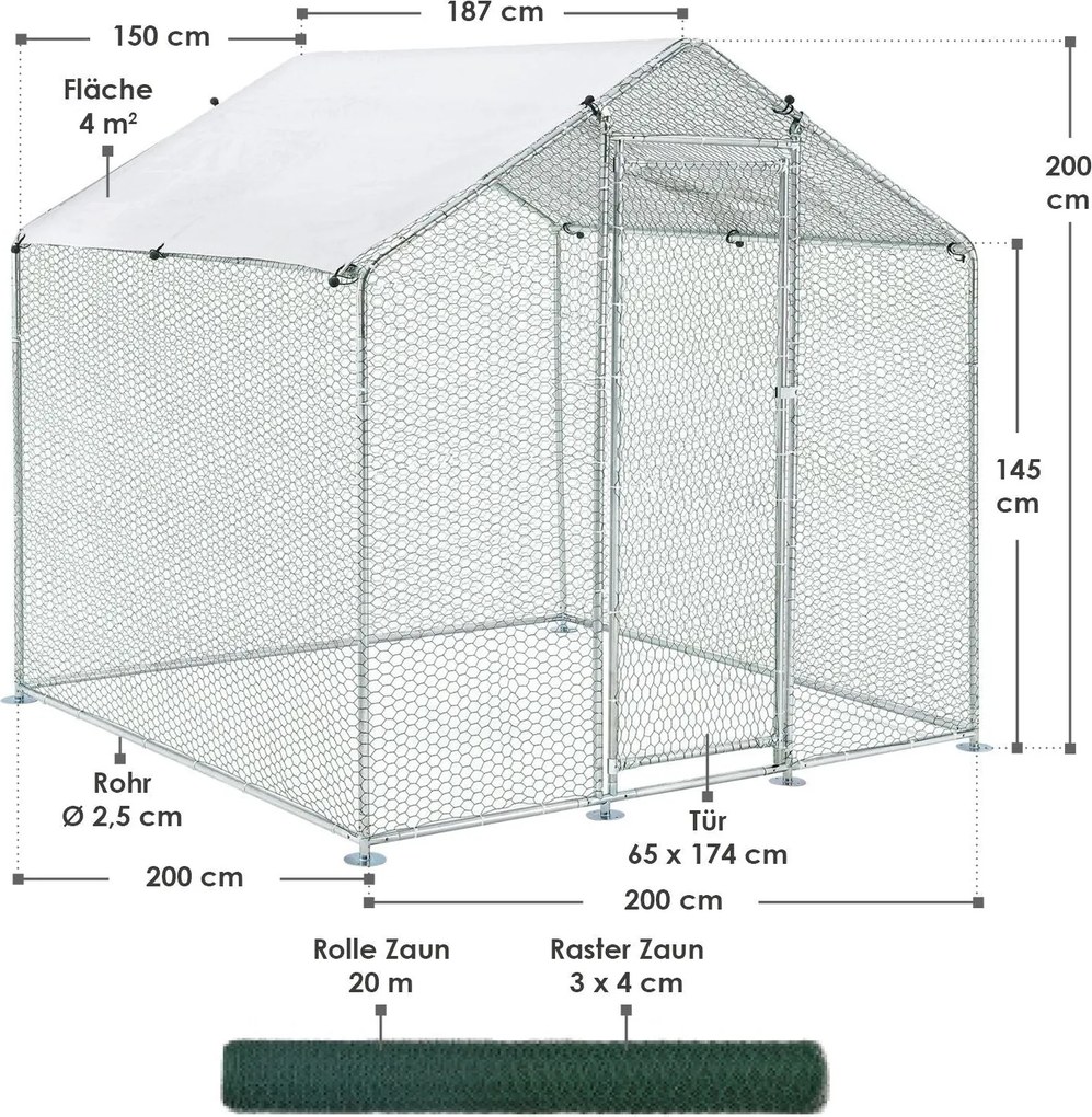 Juskys Venkovní výběh pro slepice HLS25T Velikost: 2 × 2 × 2 m