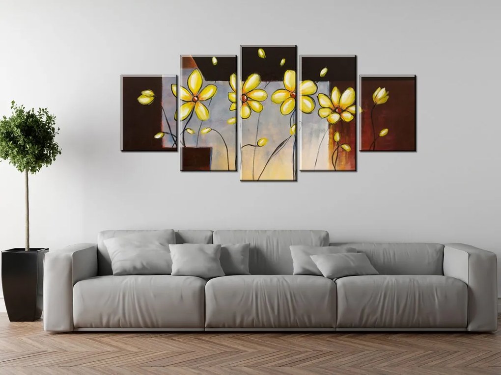 Gario Ručně malovaný obraz Žluté kvítky - 5 dílný Rozměry: 100 x 70 cm