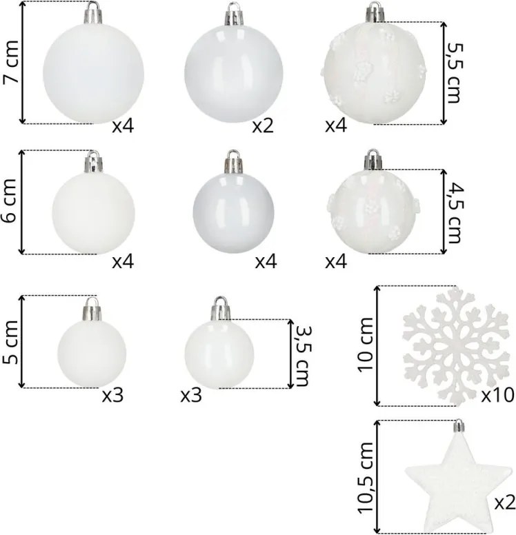 Vánoční baňky bílé mix - 5/6/7 cm sada 40ks, vánoční ozdoby