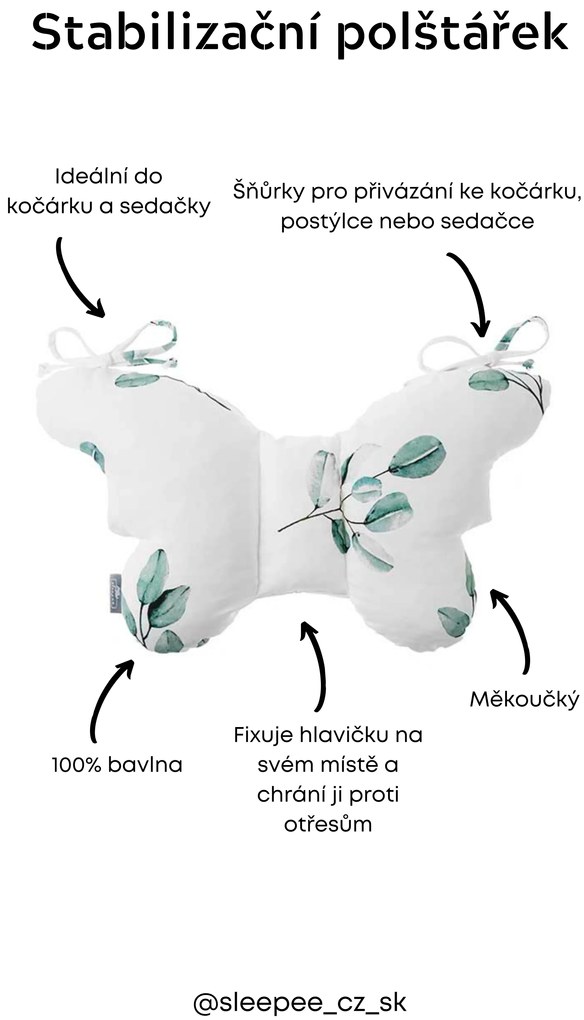 Sleepee Kojenecký stabilizační polštářek BOHO, ZELENÝ ve tvaru motýlka