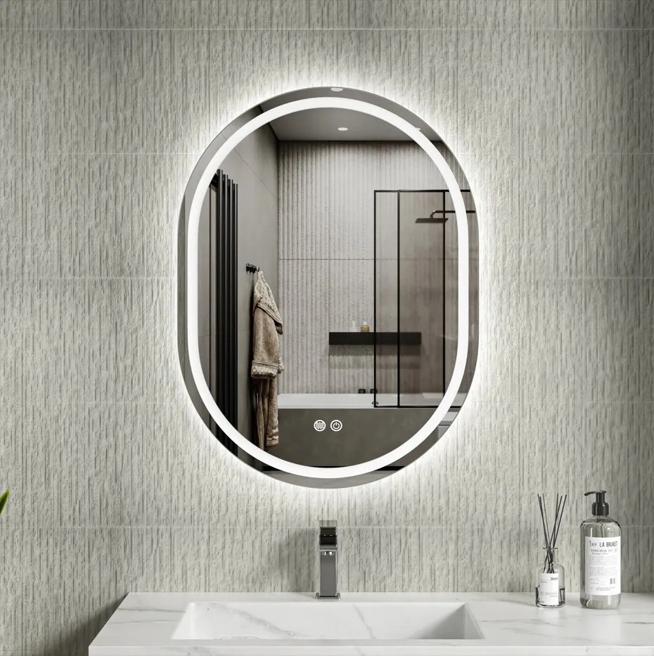 Erga Lyra, oválné LED zrcadlo 60x80cm, 3 barvy světla, přední a zadní osvětlení, vyhřívací podložka proti zapaření, ERG-V01-LYRA-6080-CL