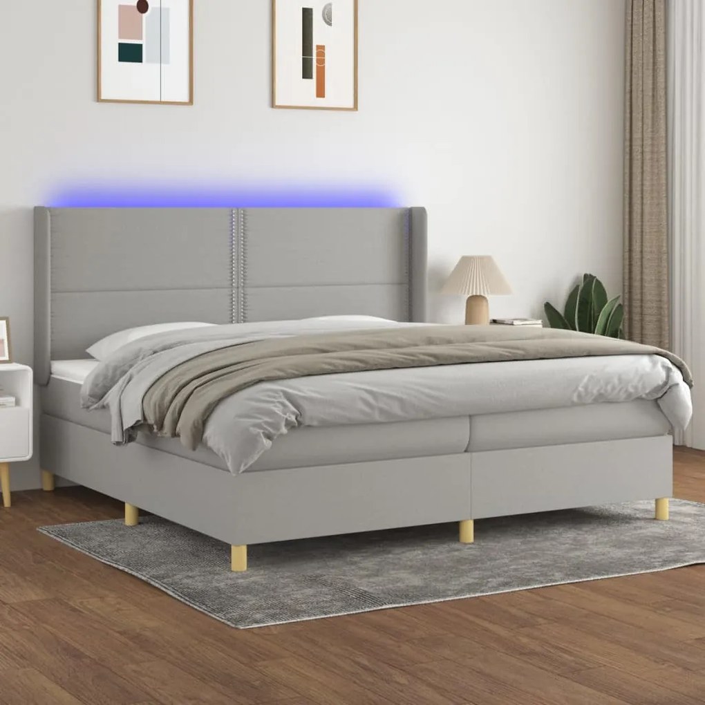 Box spring postel s matrací a LED světle šedá 200x200 cm textil 3138821